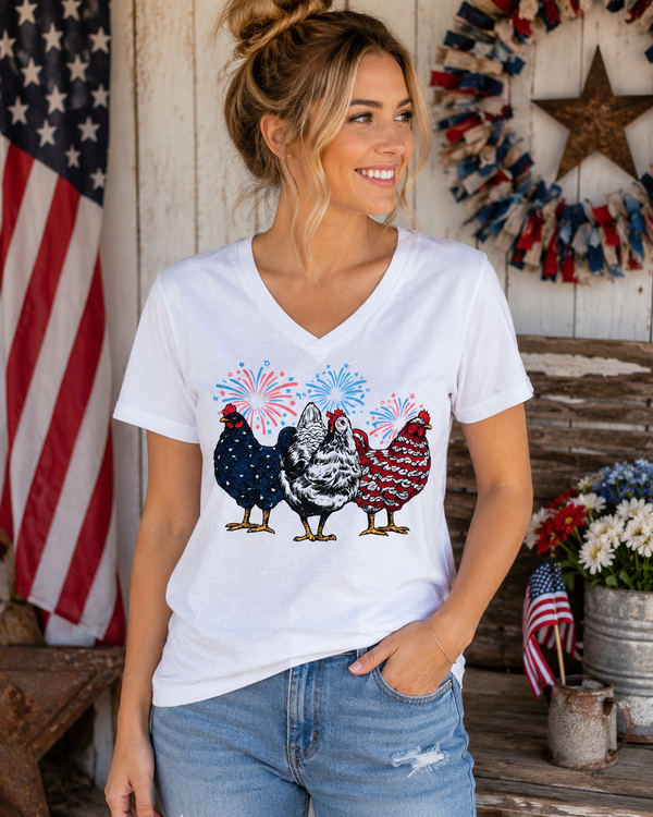 Patriotic Chicken Fireworks V-Neck Tee | Women's Medium | Farmhouse Am ...